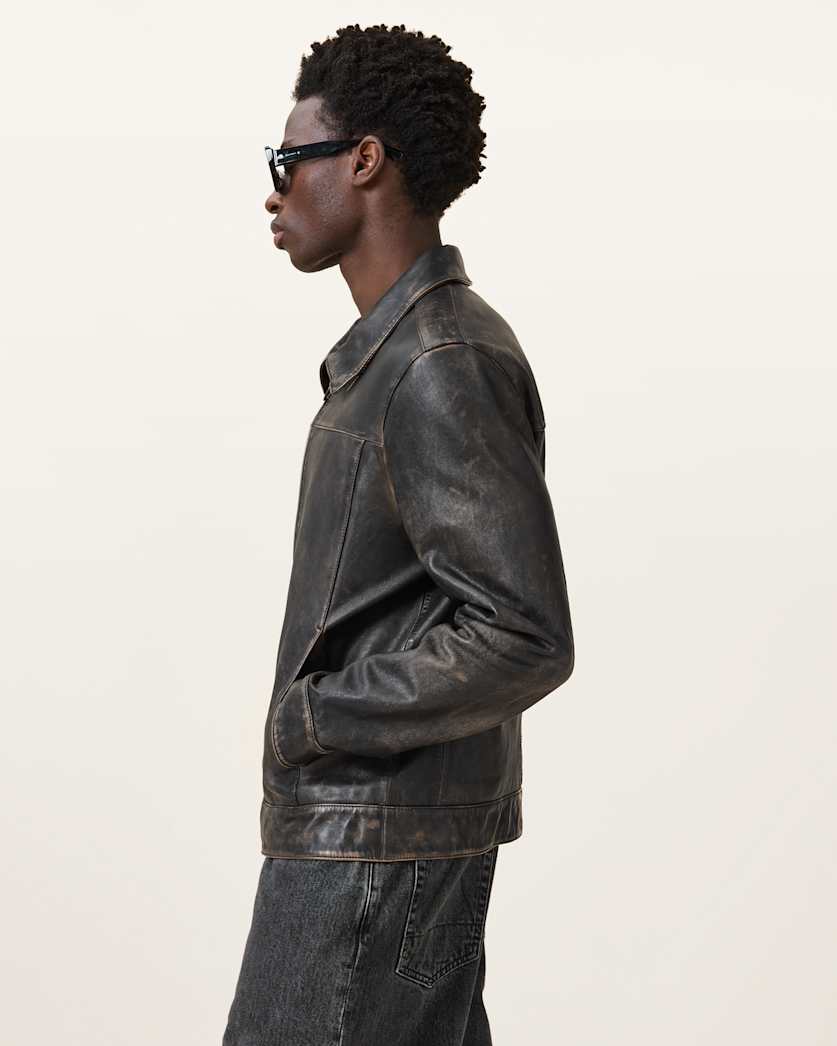 Alkan Zip Up Two Tone Leather Jacket Vintage Black | ALLSAINTS US